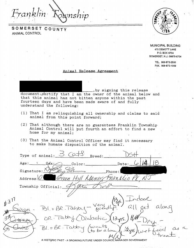 FTAS Cat ID 377 378 379 Surrender Form | NJ Animal Observer